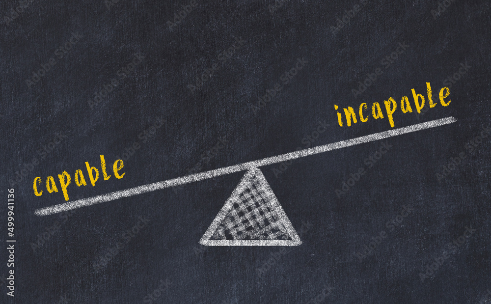 Chalk drawing of scales with words capable and incapable. Concept of ...