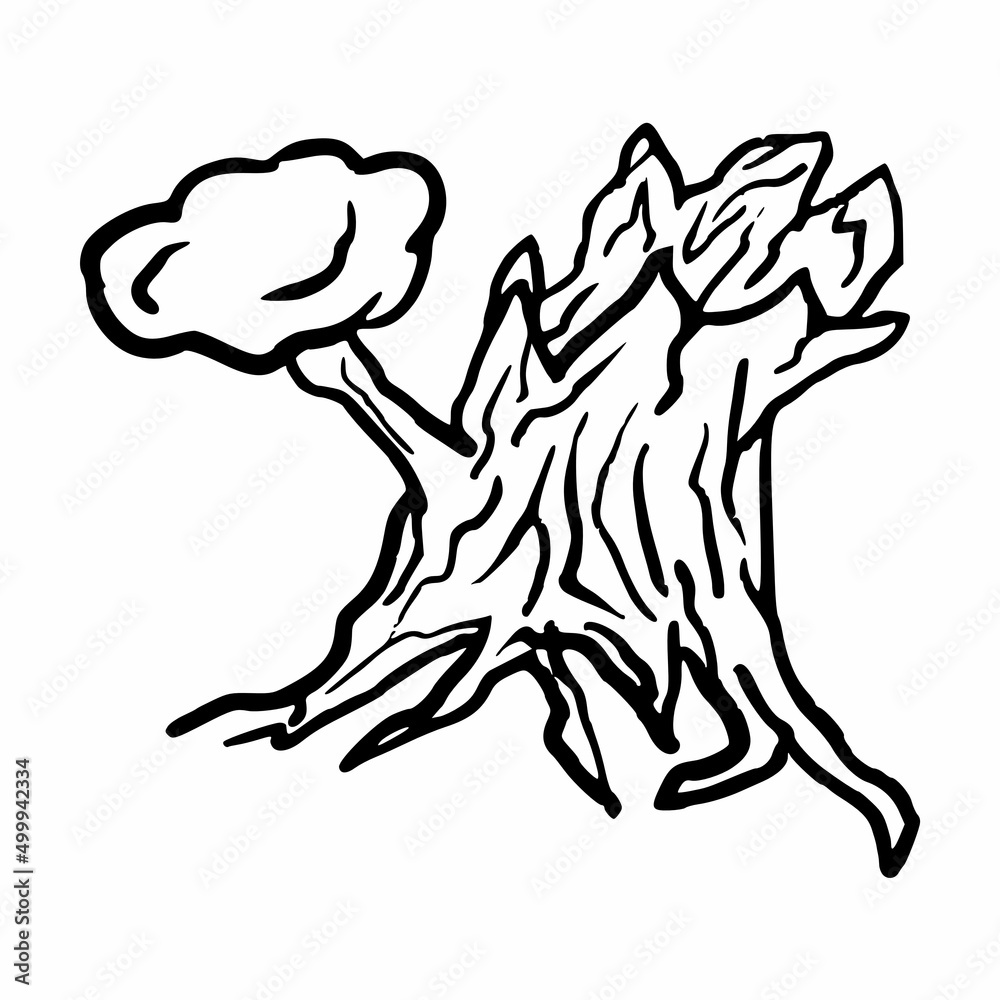 old tree with roots doodle hand drawn vector outline illustration icon ...