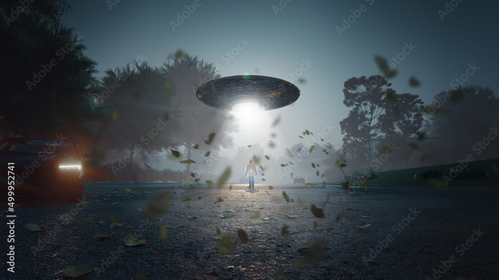 Man being abducted by UFO - Alien abduction concept. 3d rendering Stock ...