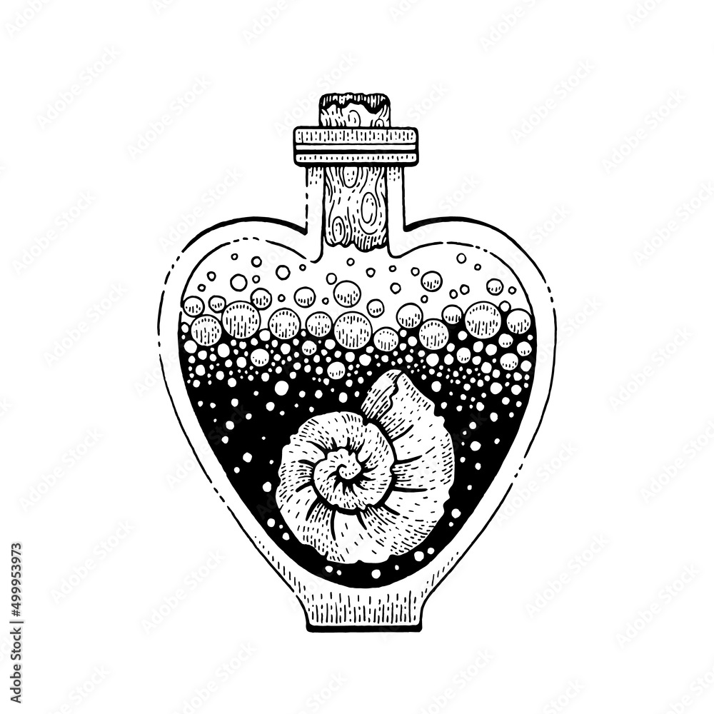 Bottle with potion. Witch magic glass flask. Vintage mystic logo with ...
