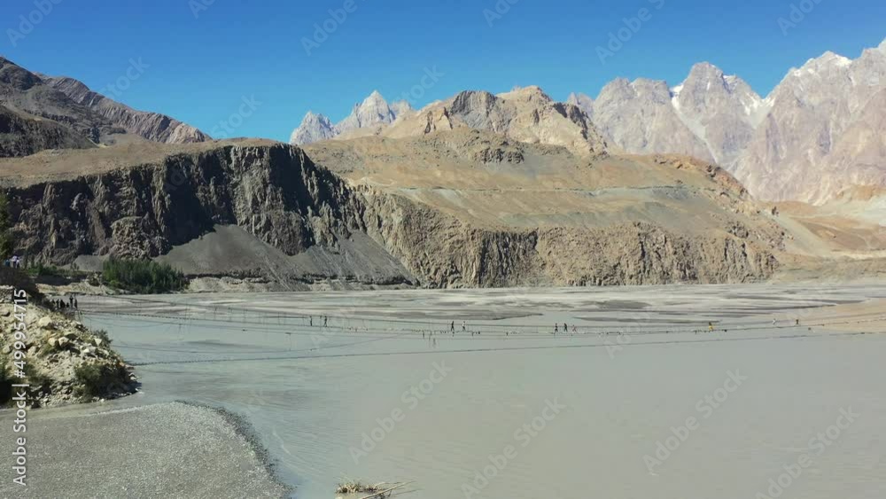 aerial drone panning right revealing the famous Hussaini Bridge in ...