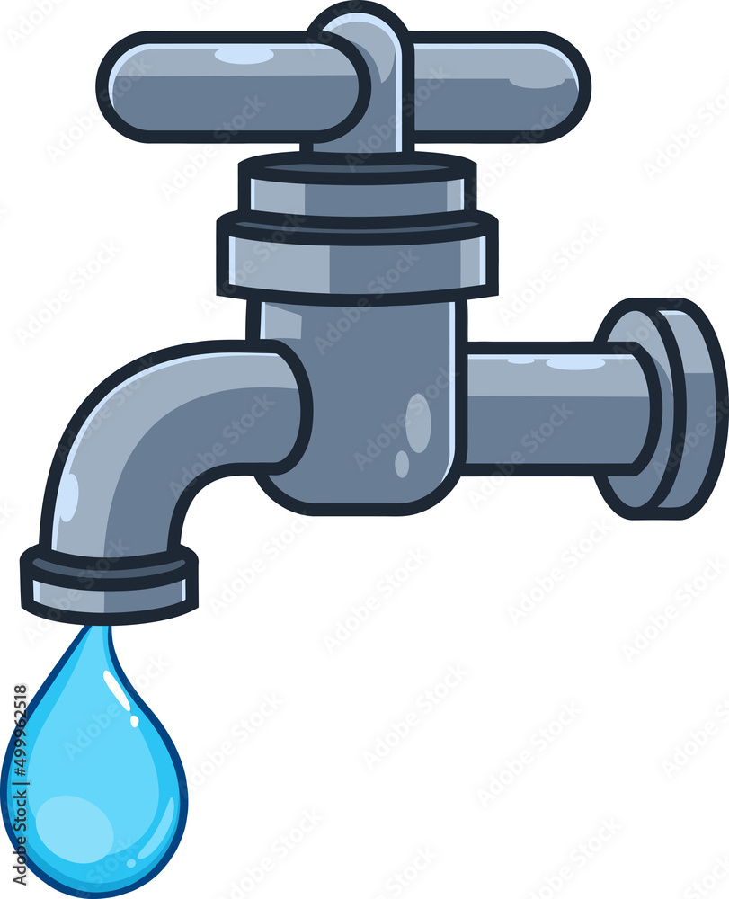 Cartoon Faucet With Water Drop Vector Hand Drawn Illustration Isolated