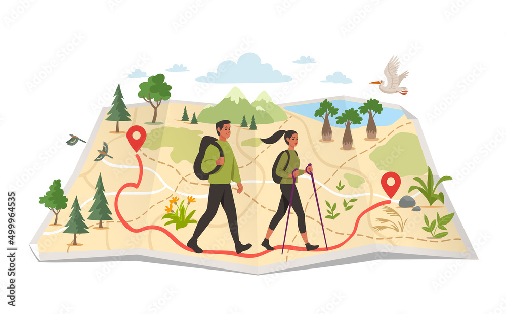 Map of the area with a laid route along which traveling tourists ...