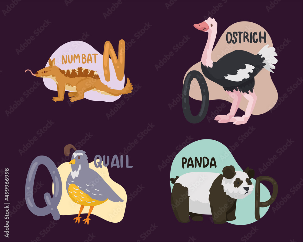 kids alphabet four animals Stock Vector | Adobe Stock