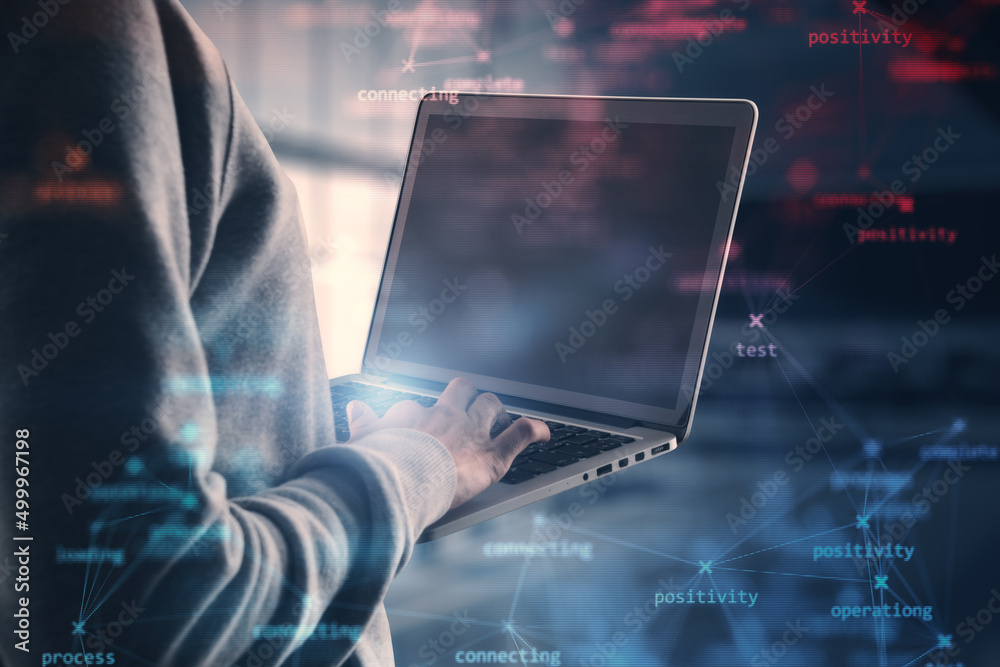 Close up of hacker hand using mock up screen laptop with creative ...