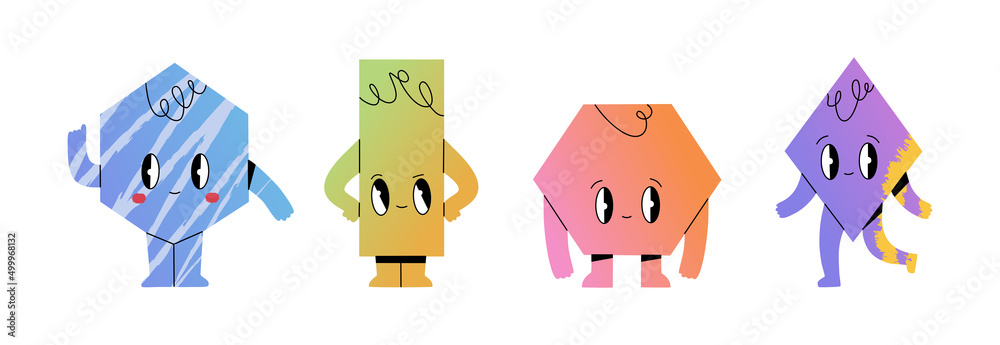 Set of different basic geometric shapes with cute smiling face. Cartoon ...