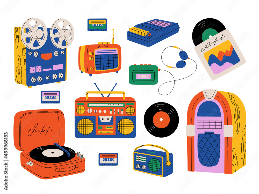 Set of retro music players, cassette recorder, headphones, boombox ...