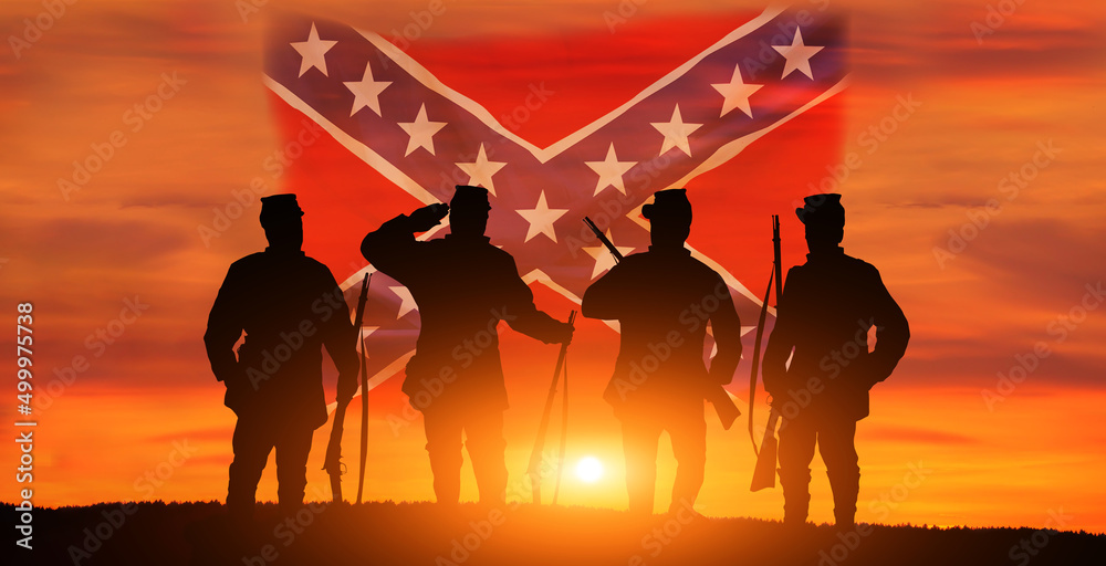 Confederate flag and soldier on sunset background. Confederate heroes ...