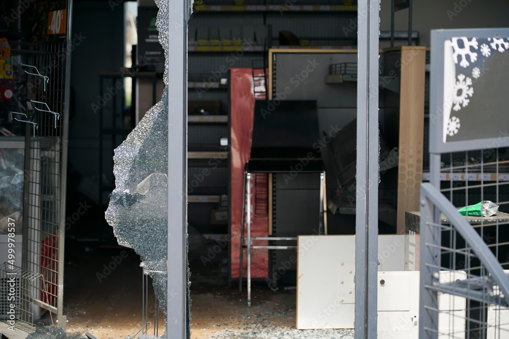 Shop window of an exploded gas station. Fire at a gas station Stock ...
