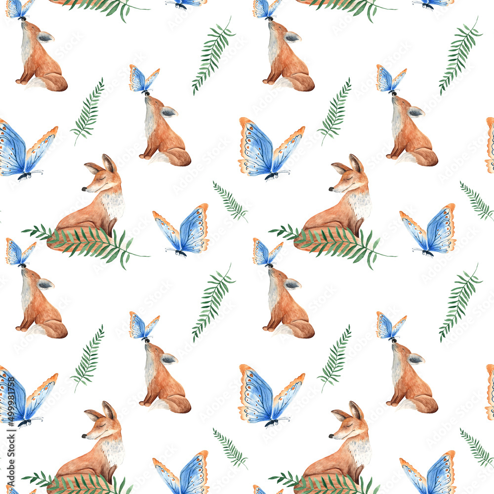 Seamless pattern with forest motives. On a white background. Watercolor ...