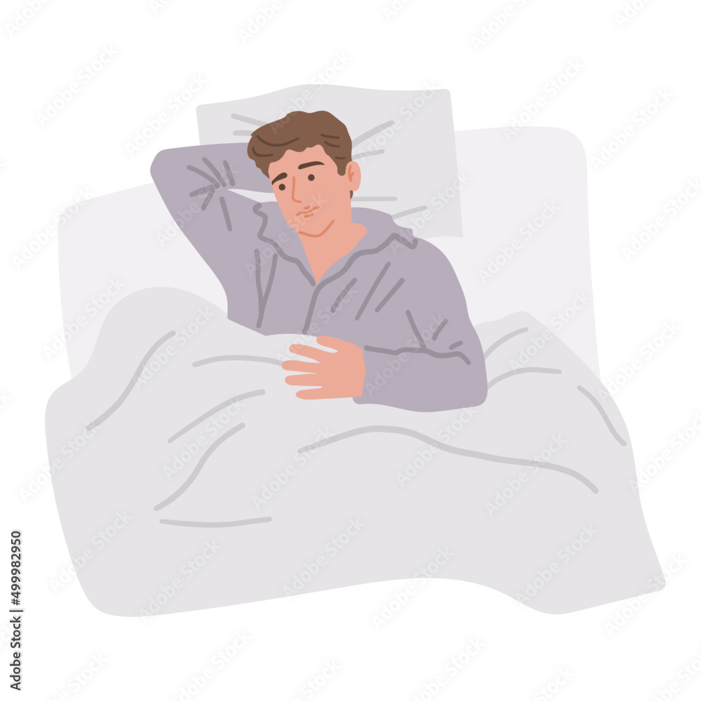 Man suffering from insomnia lying in bed.Sleep disorder. Vector hand ...