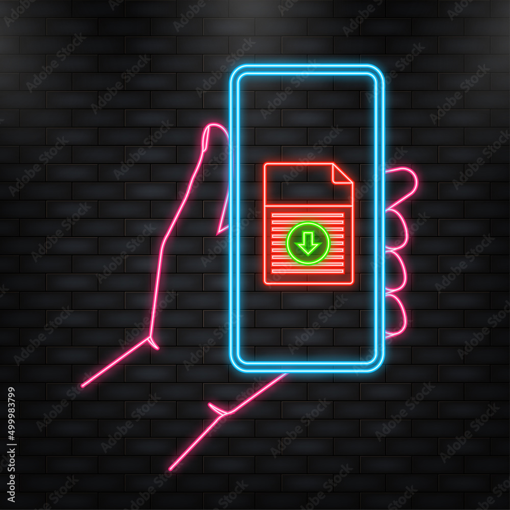 Neon Icon. Smartphone with downloaded file in cartoon style. Smartphone ...