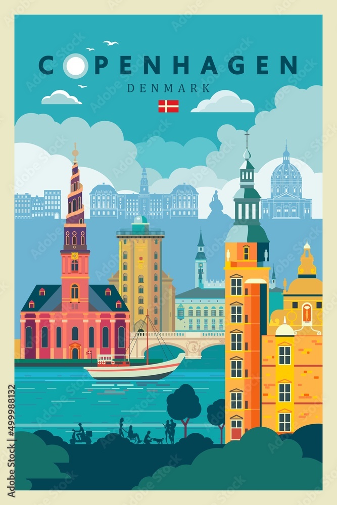 Copenhagen city architectural monument buildings vector poster ...