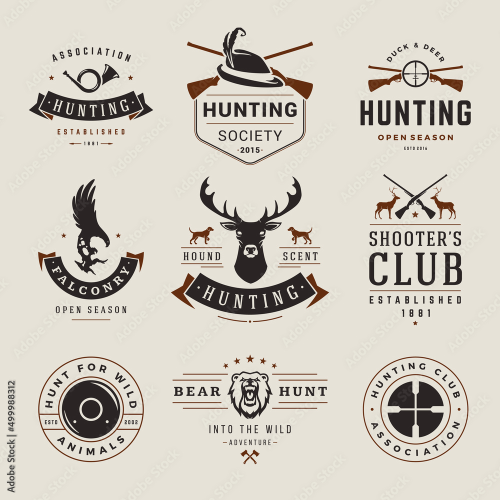 Set hunting weapon wild animals shooting hobby vintage logo decorative ...