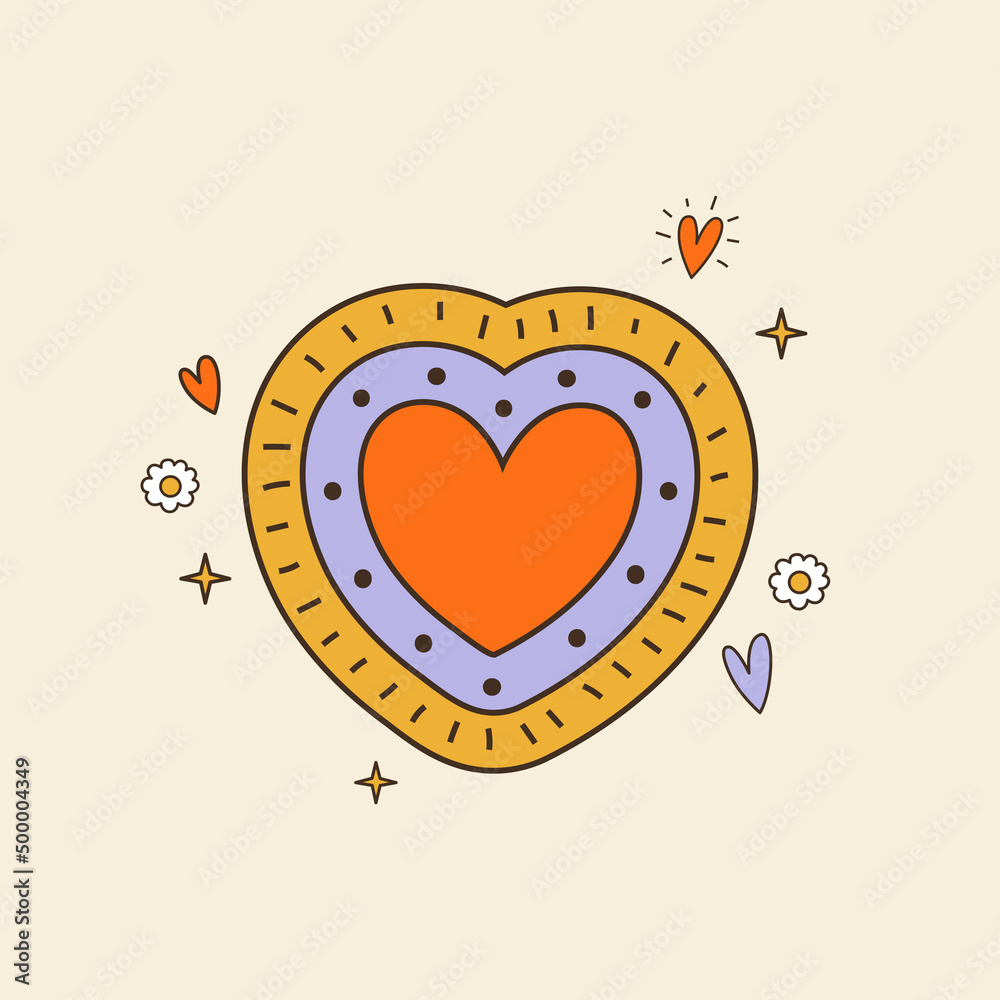 Groovy style heart with deco elements. 70s, 80s, 90s vibes funky ...