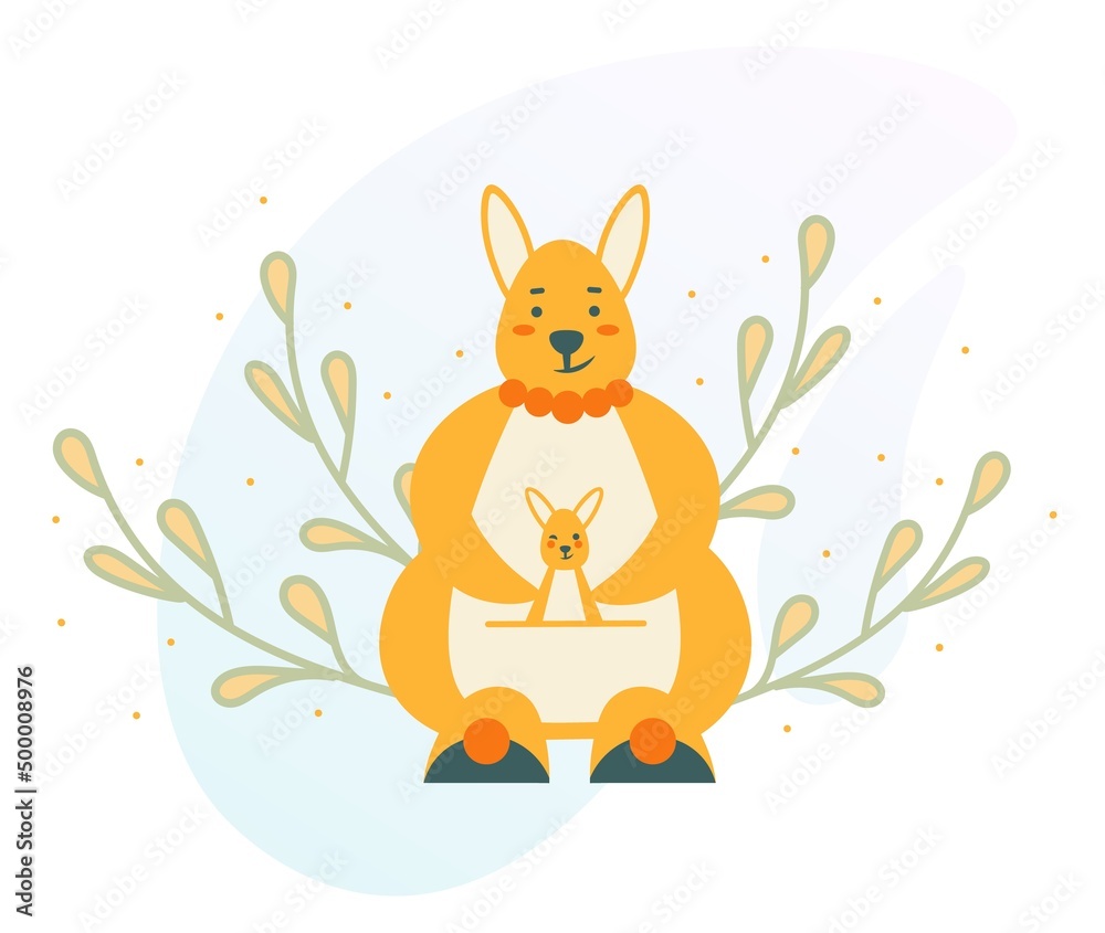 Cute mother kangaroo and kangaroo baby in a pouch. Cartoon character ...