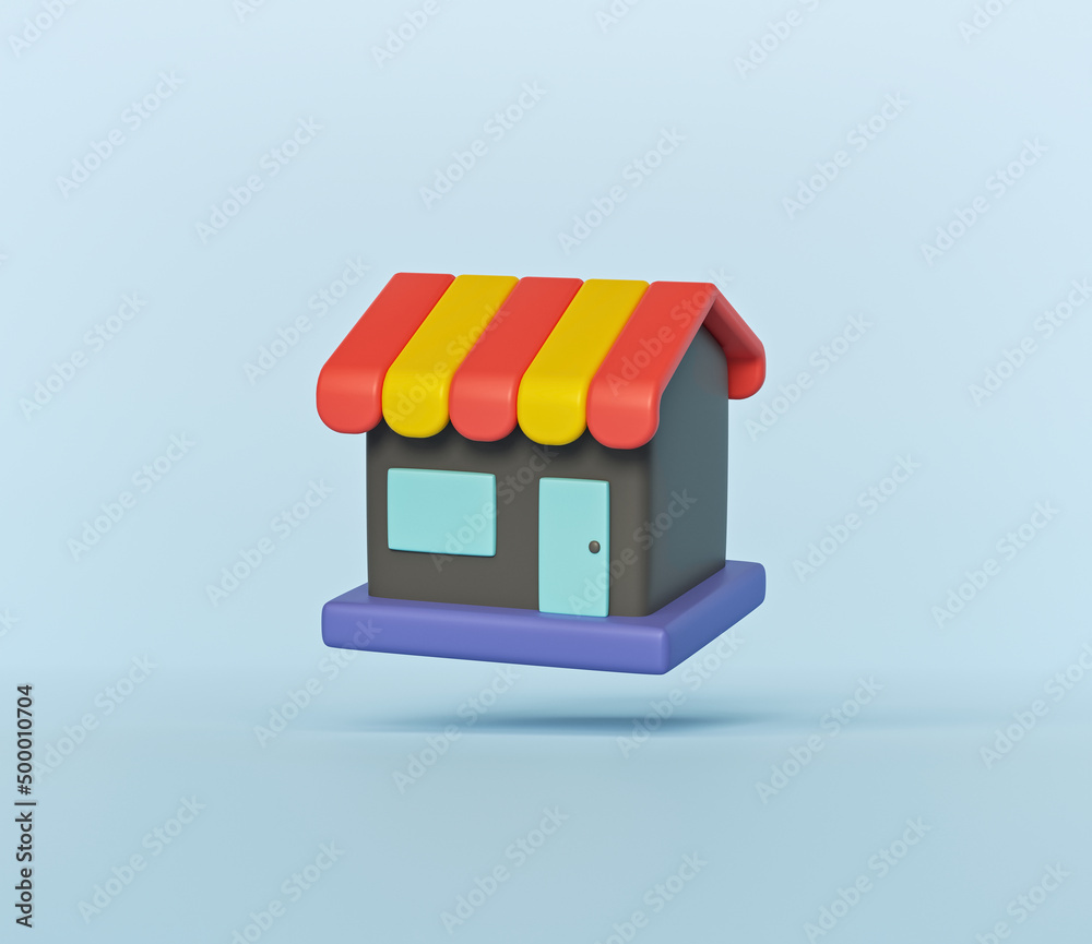 3d render. Simple store shop building icon, sign levitate on pastel ...