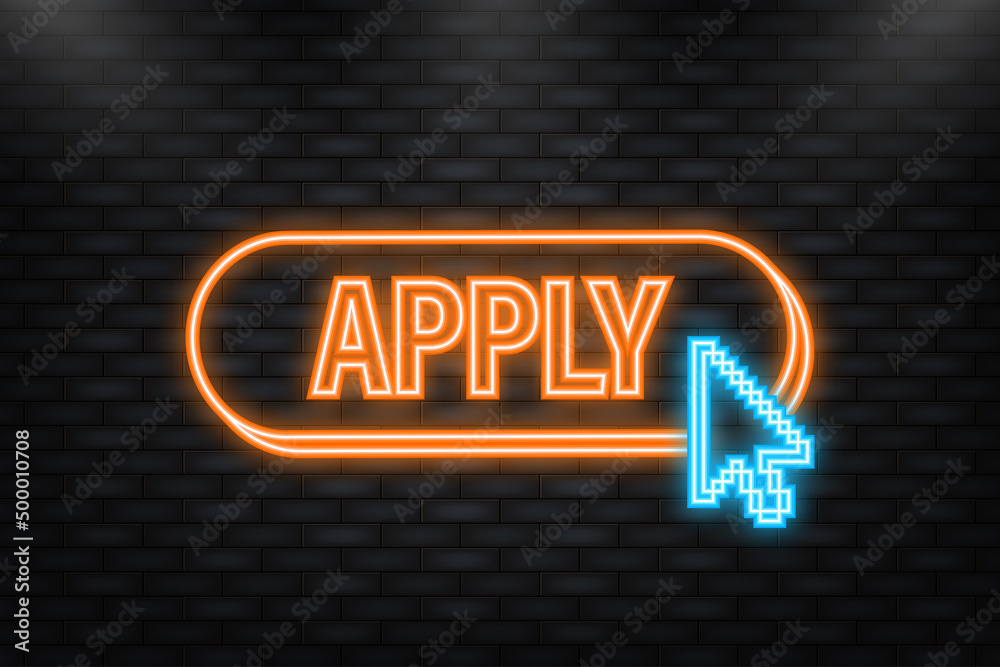 Neon Icon. Cool vector Apply button with cursor in flat design. Vector ...