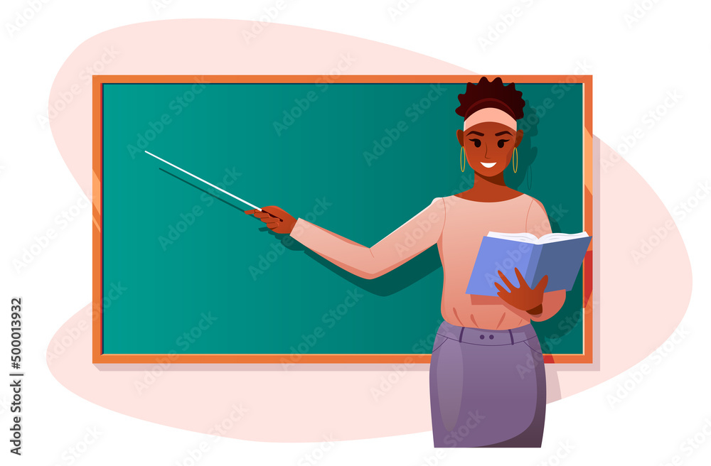 Beautiful female teacher in the classroom showing something with a ...