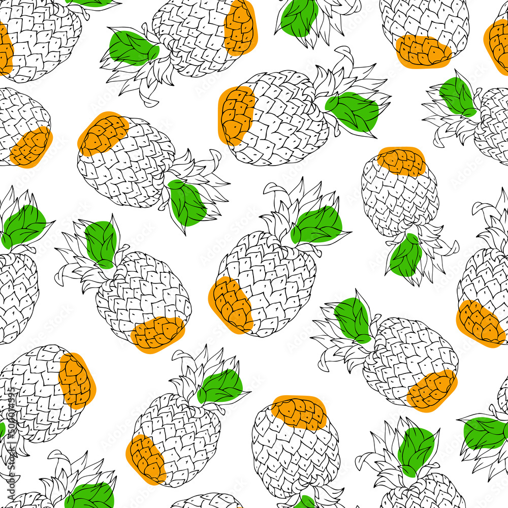 seamless pineapple pattern, white background, linear freehand drawing Stock Vector | Adobe Stock
