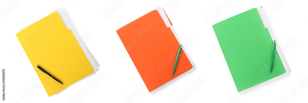 Set of different files with documents on white background, top view ...