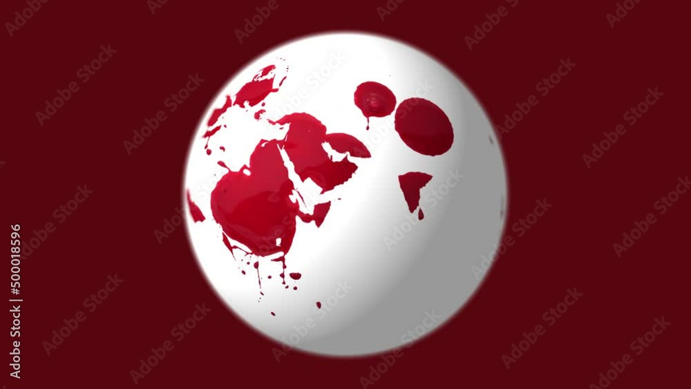 Blood drop splatter makes a 3d globe world map. Drops of blood land on ...