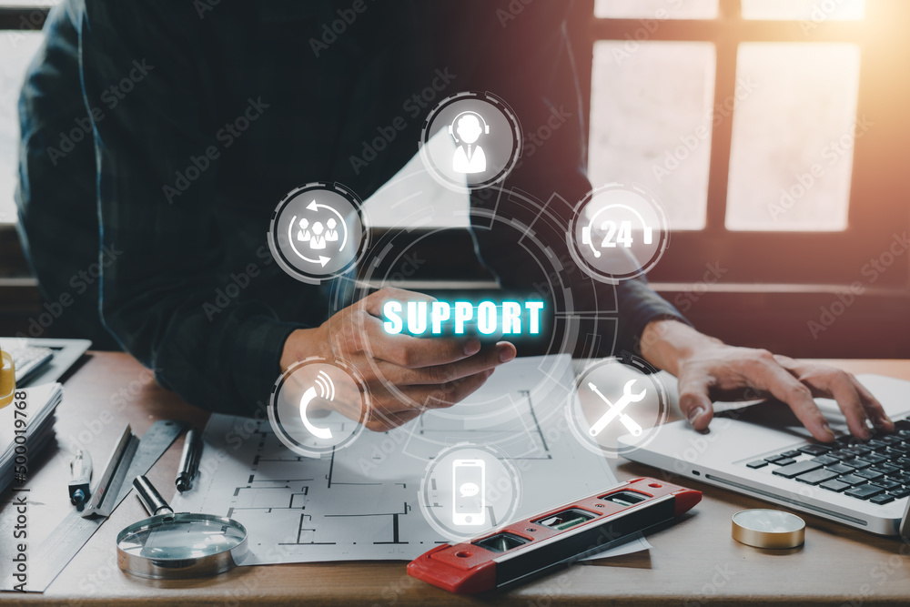 Technical support customer service concept, Man hand using smart phone ...