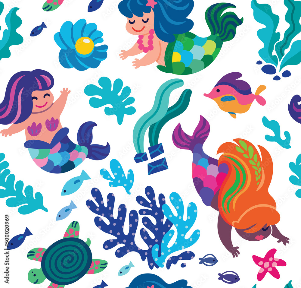 Cute little mermaids seamless pattern. Vector illustration Stock Vector ...