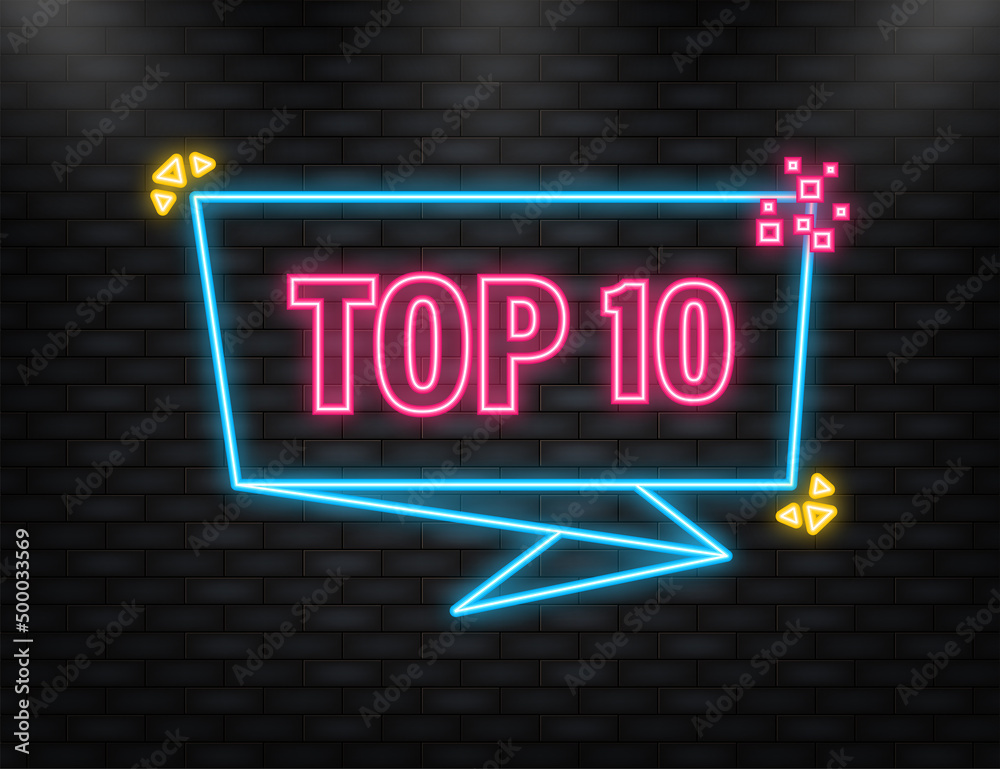 Neon Icon. Neon banner with Top 10 colorful label on dark background ...