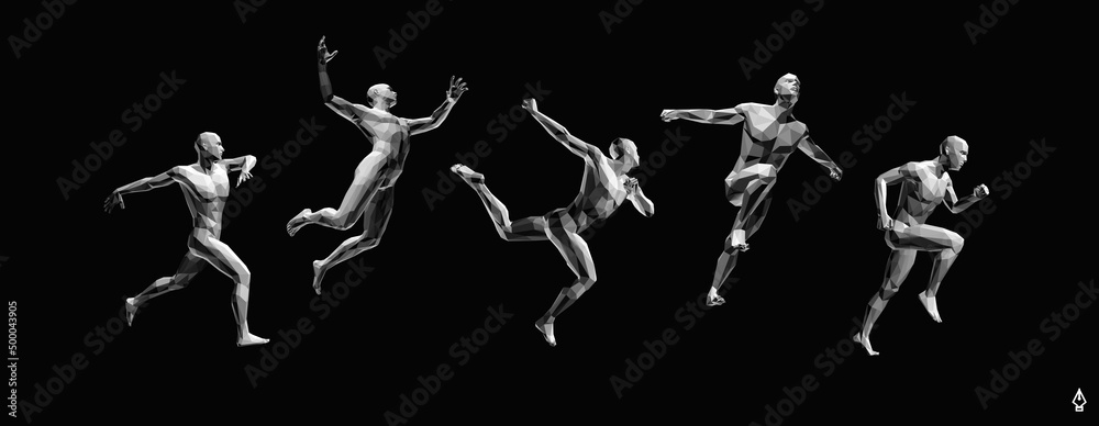 Models of polygonal people in different poses. Running man or marathon ...