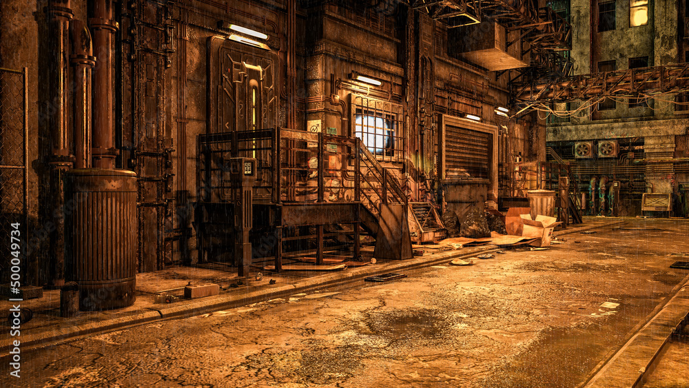 Seedy grungy back alley in a cyberpunk dystopian future city at night ...