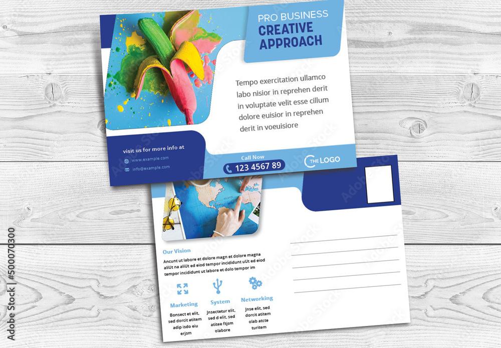 Post Card Layout with Geometric Elements and in Blue Accents Stock ...