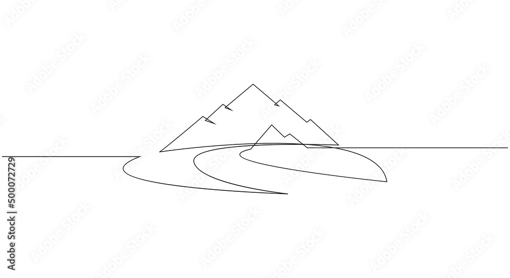 Mountain landscape with river. Minimalistic continuous one line drawing ...