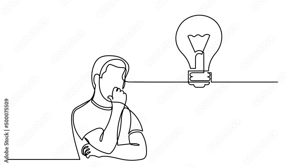 one line drawing of person thinking about idea solving problems finding ...
