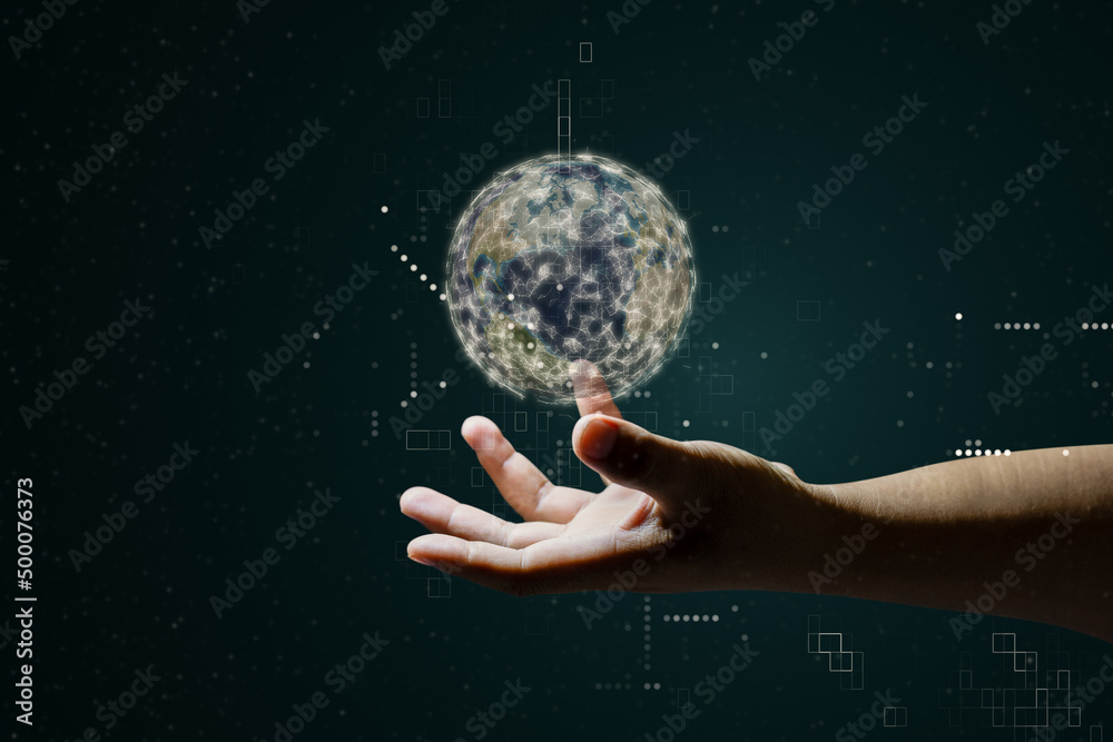Hand holding earth model with connection network, world wild connection ...