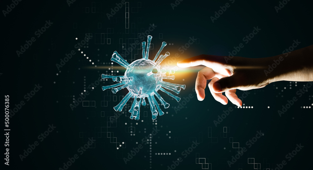 Hand touching virus model on dark background Stock Photo | Adobe Stock