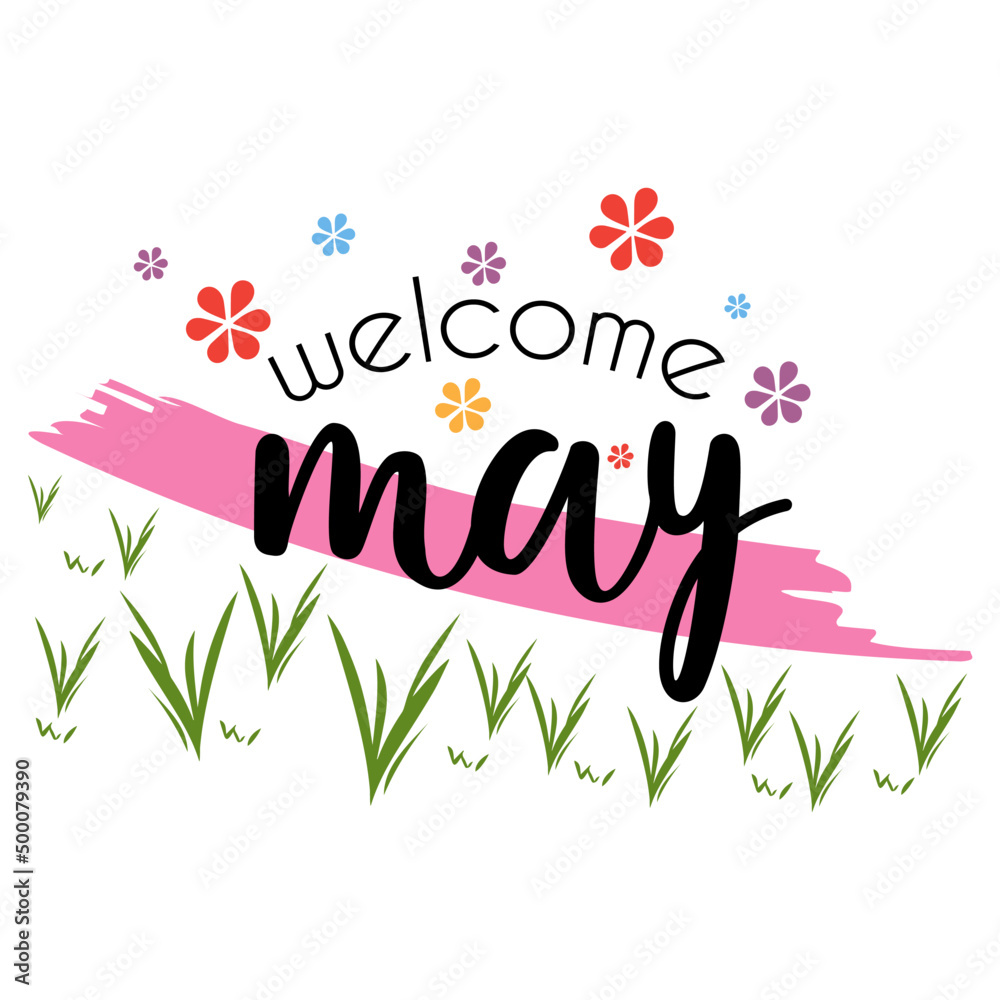 Hello May hand lettering card. simple MAY month vector with flower ...