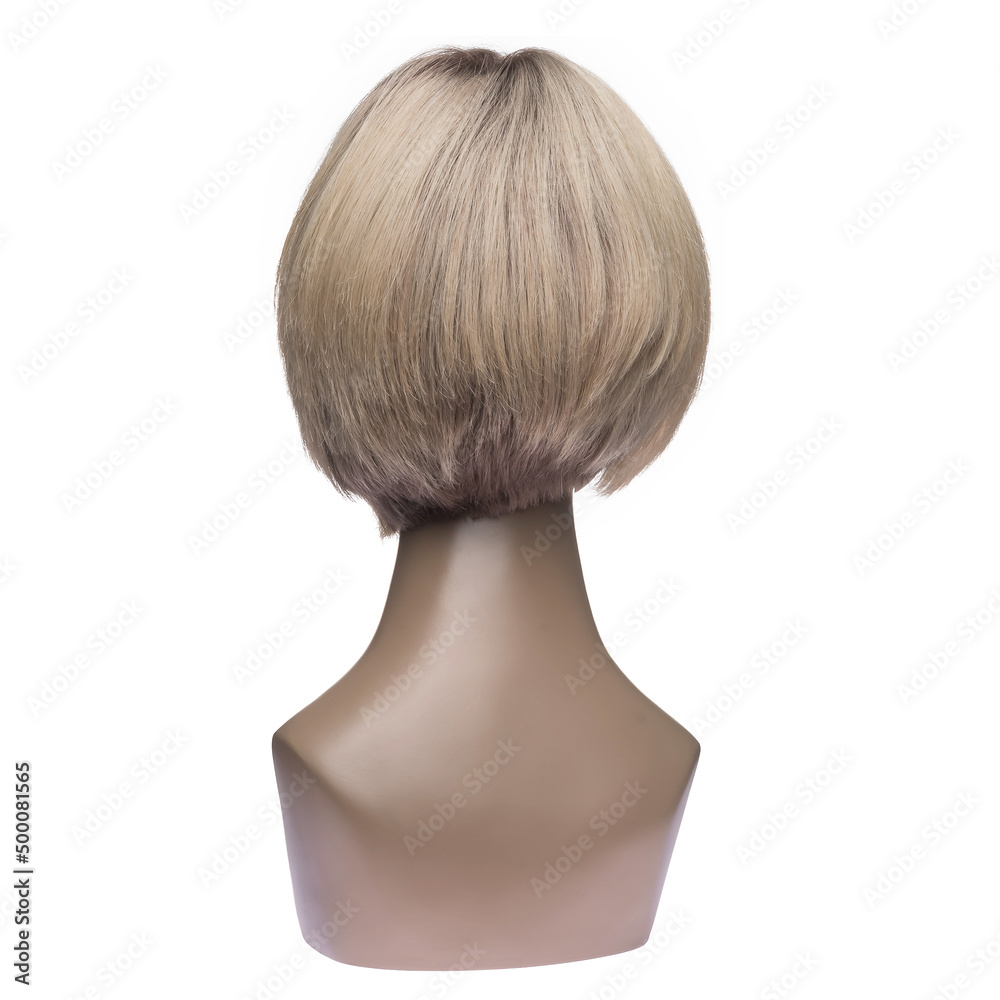 Natural hair wig on a mannequin on a white isolated background. Blonde ...
