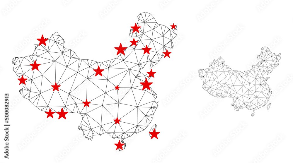 Polygonal mesh China map with red star centers. Abstract network ...