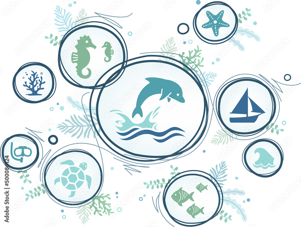 Marine life vector illustration. Colourful concept with icons related ...