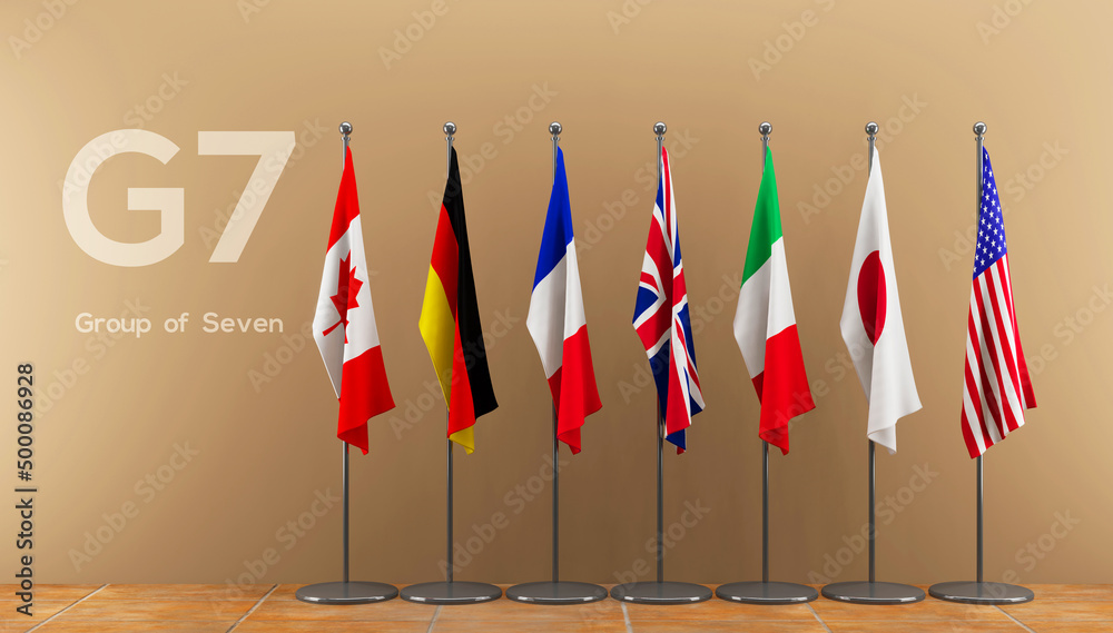 G7 summit. flags of members of G7 group of seven and list of countries ...