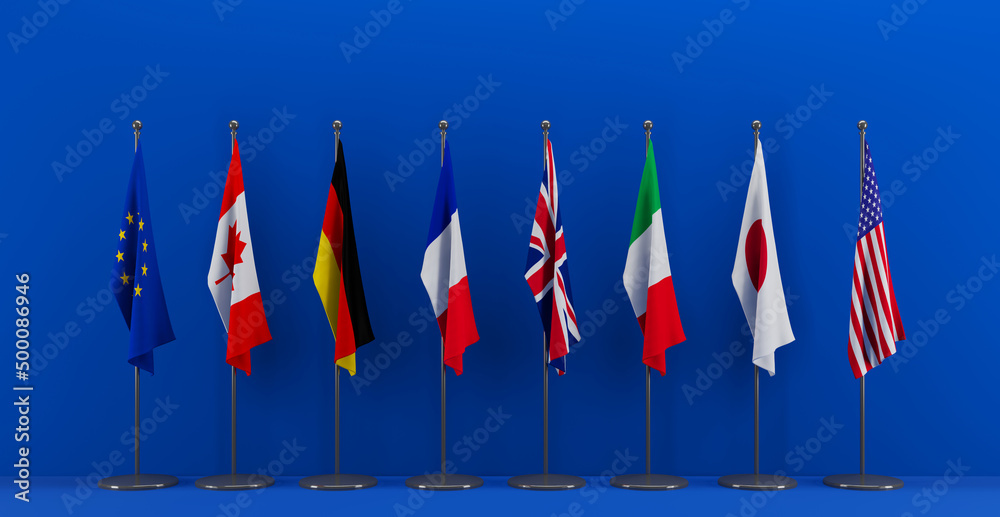 G7 summit. flags of members of G7 group of seven and list of countries ...