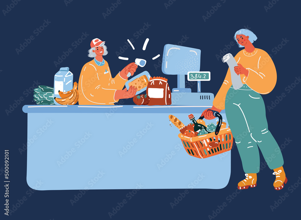 Cartoon vector illustration of Shopping in supermarket. woman cashier ...