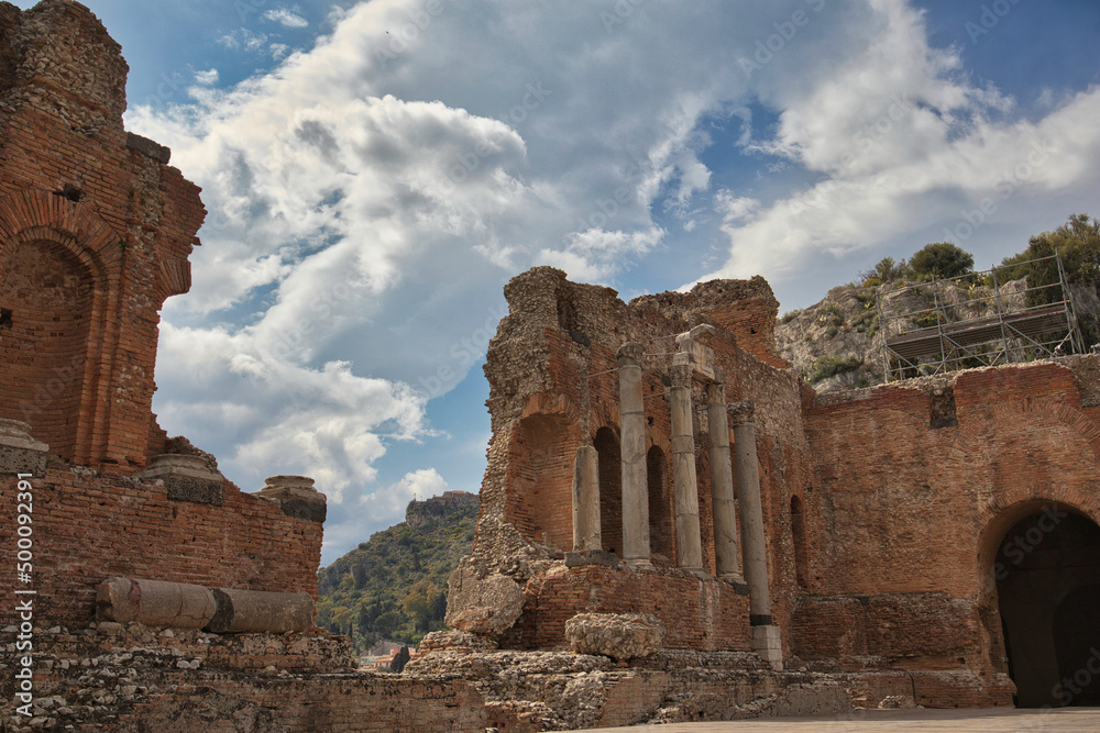The ancient Greek-Roman theater of Taormina, a tourist city in Sicily ...