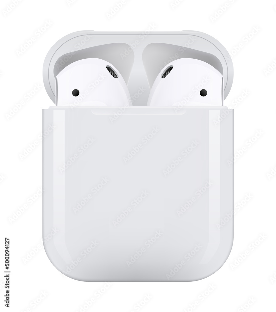 White wireless headphones Apple AirPods series 2, on white background ...
