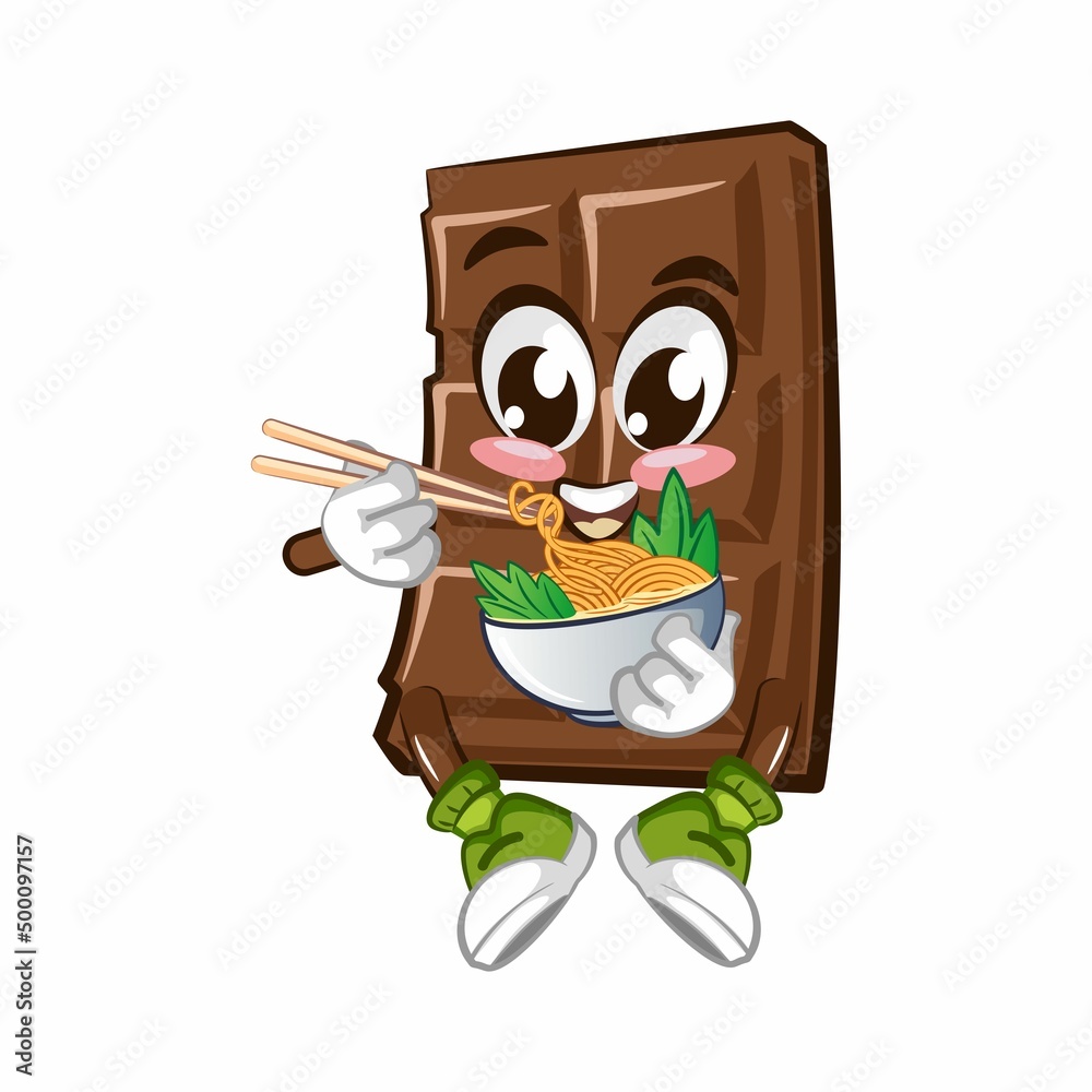 Cute chocolate bar character with funny face eating noodles with ...