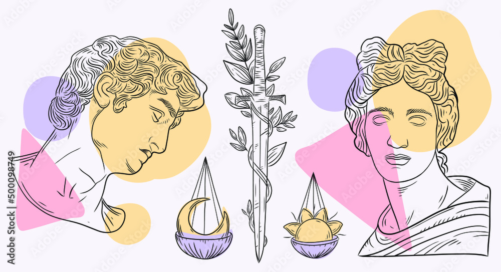 Set of ancient antique sculptures. Linear drawings of David and Apollo ...