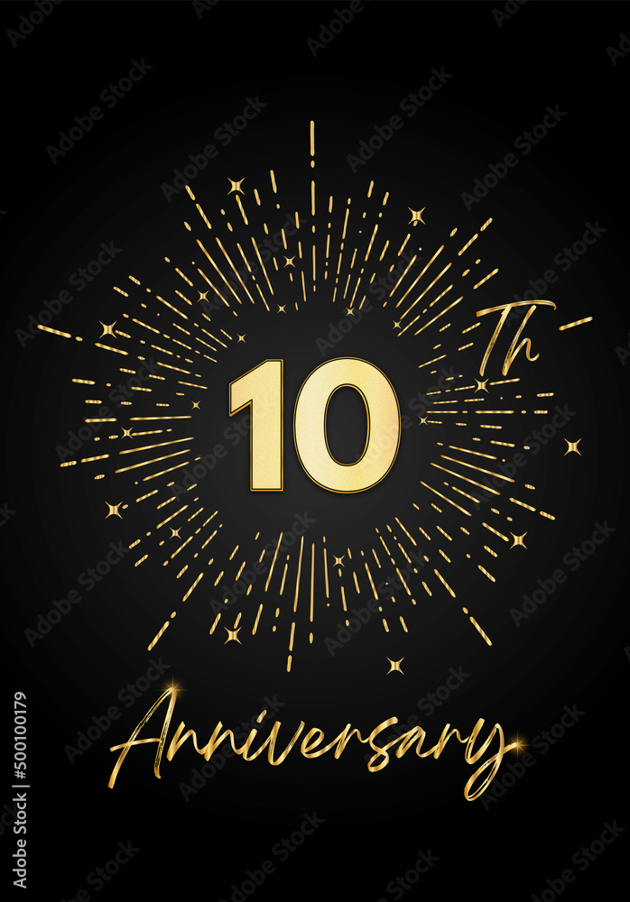 10 years golden anniversary logo celebration with a firework on black ...