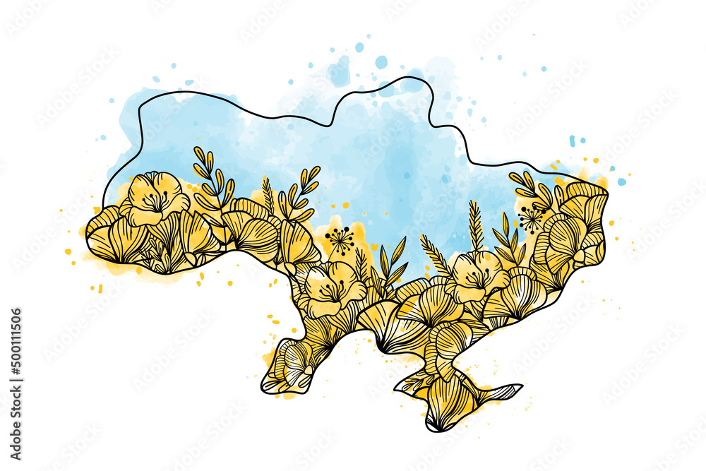 Floral drawing map of Ukraine in colors of flag watercolor vector ...