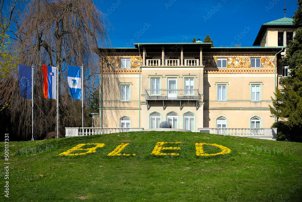 Bled, Slovenia - April 17 2022: Bled sign made of flowers in front of ...